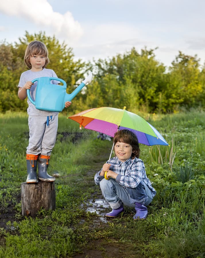 Two brothers play in rain stock image. Image of grass - 72492267