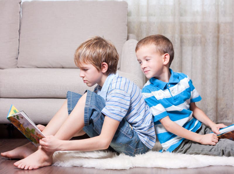 Two Brothers are Reading Books. Stock Image - Image of home, small ...
