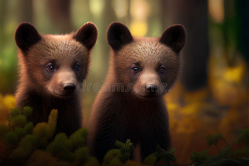 Two Brown Bear Cubs in the Autumn Forest. Collage Stock Illustration ...