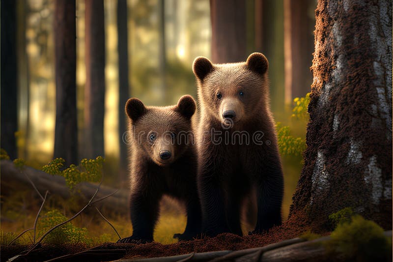 Two Brown Bear Cubs in the Forest. 3D Render Stock Illustration ...
