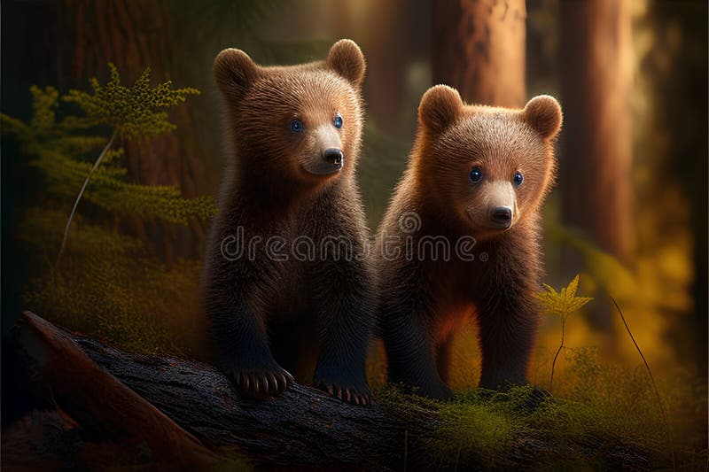 Two Brown Bear Cubs Standing on a Log in the Forest. Stock Illustration ...