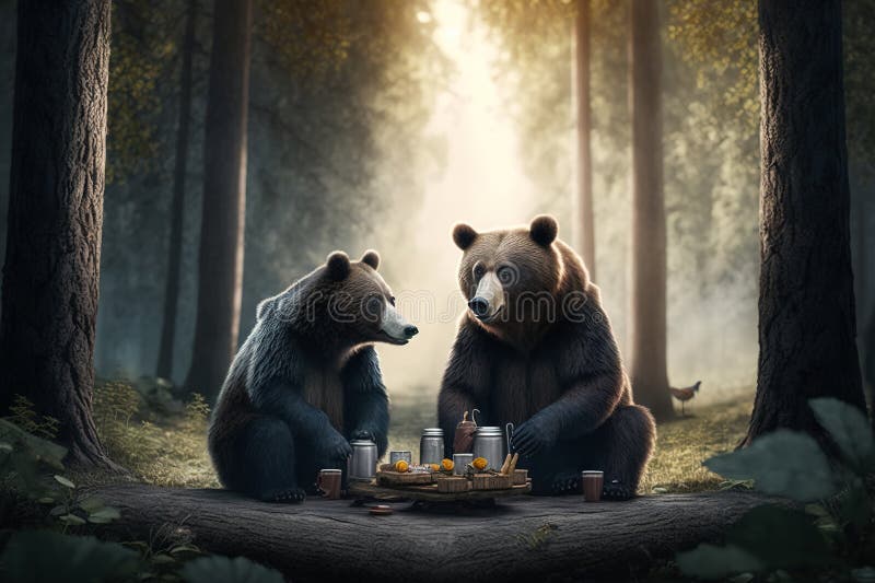 Two Brown Bears are Having a Picnic in the Middle of the Green Forest ...