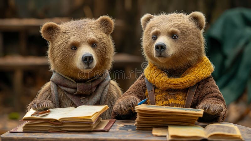 Two Brown Bears Sit on a Wooden Table with Books and a Backpack Stock ...
