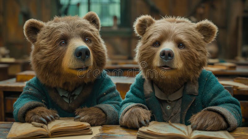 Two Brown Bears Sitting at the Table and Reading a Book. Toned Stock ...