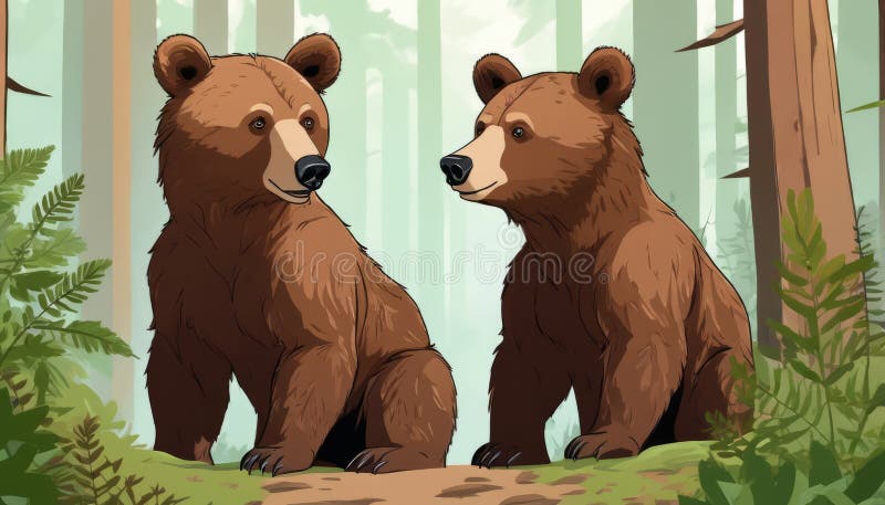 Two Brown Bears Sitting in the Woods Stock Illustration - Illustration ...