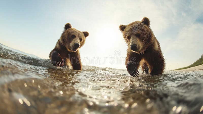 Two Brown Bears are Wading in a River, Approaching the Camera, with a Fisheye Lens Effect ...