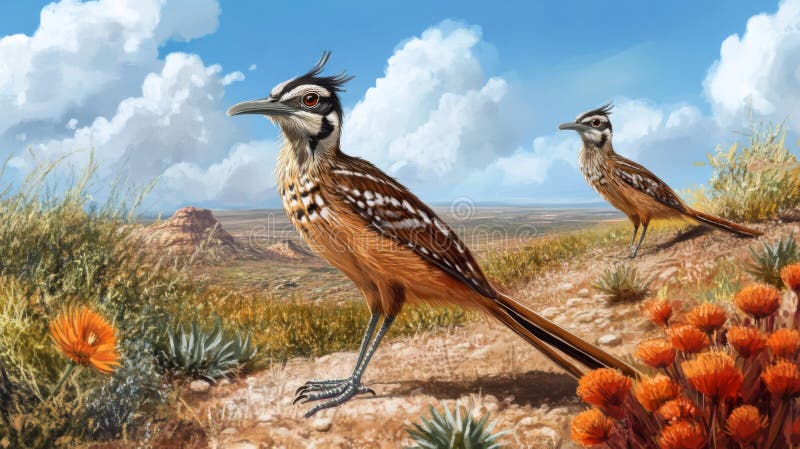 Two Brown Birds in Arid Desert Landscape Stock Illustration ...