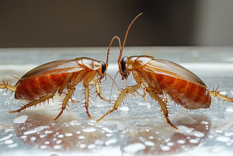 Close-up View of Two Cockroaches Interacting on a Wet Surface in a ...