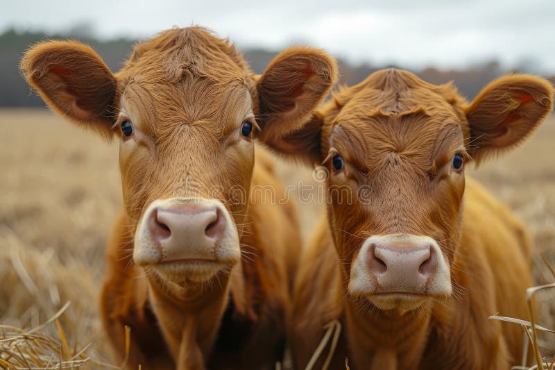Two Brown Cows Sitting in Field. Two Cows with Their Heads Up Looking ...