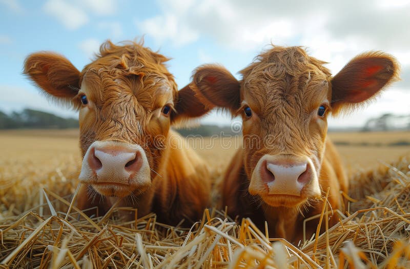 Two Brown Cows Sitting in Hay Field Stock Image - Image of bull ...