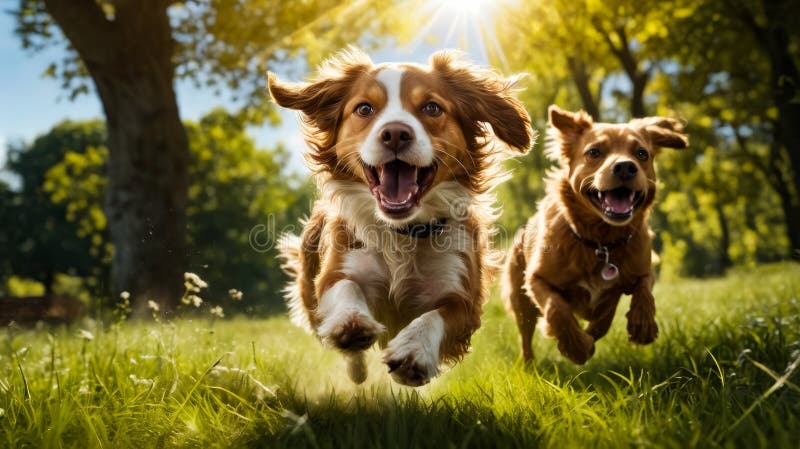 Two Brown Dogs are Running through Field with Tails Wagging and Mouths ...
