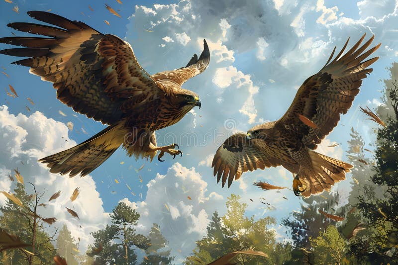 Two Brown Eagles in Mid Flight Battle Above a Forest Stock Illustration ...