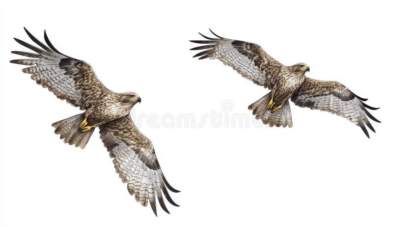 Two Brown Hawks in Flight Against White Background Stock Illustration ...