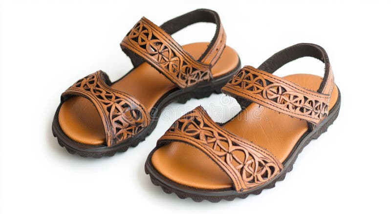 Two Brown Leather Sandals Adorned with Complex Floral Designs. Stock ...