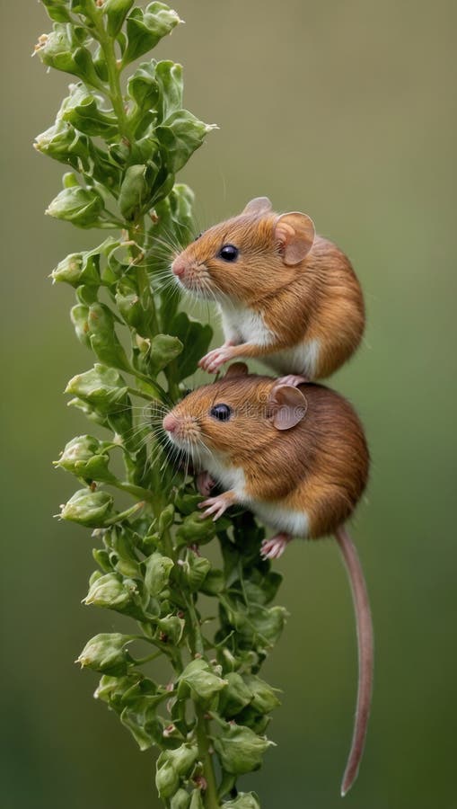 Two Brown Mice are Sitting on a Green Leaf Stock Illustration ...
