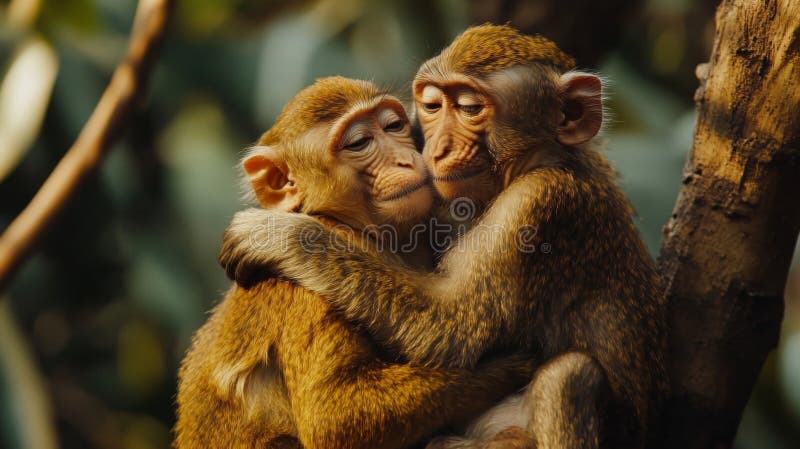 Two Brown Monkeys Hugging Affectionately in a Lush Green Forest Stock ...