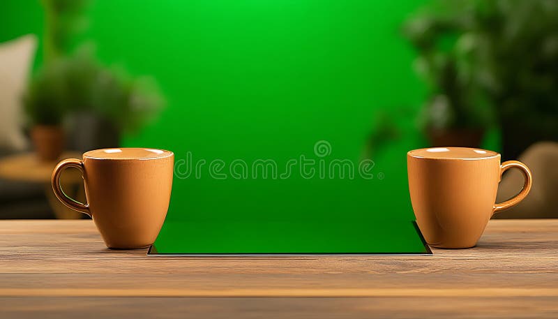 Two Brown Mugs on Wooden Table with Green Screen Background Stock ...