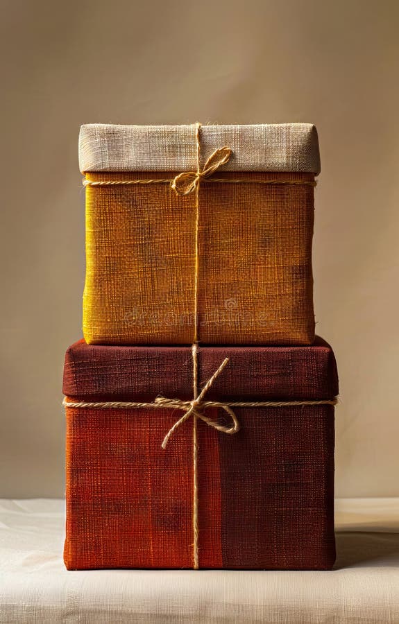 Two Brown and Orange Gift Boxes Sitting on a Table Stock Image - Image ...