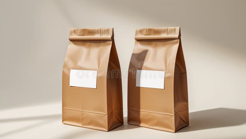Two Brown Paper Packaging Bags Standing Up with Blank Labels Stock ...