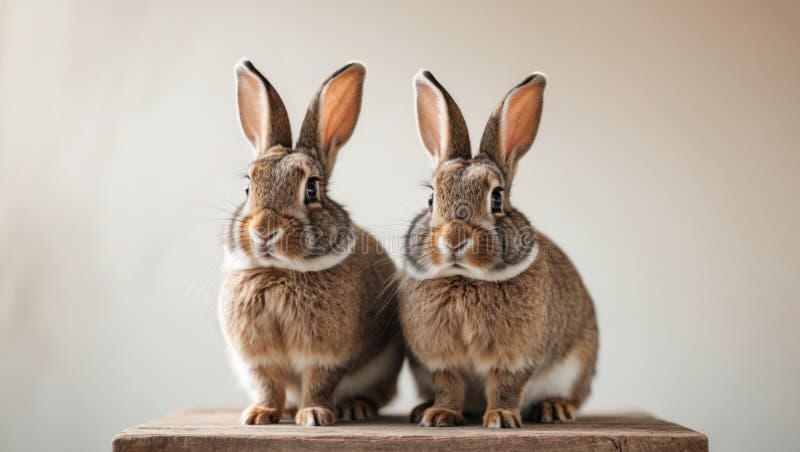 Two Brown Rabbits Sitting Next To Each Other on a Table Stock Image ...