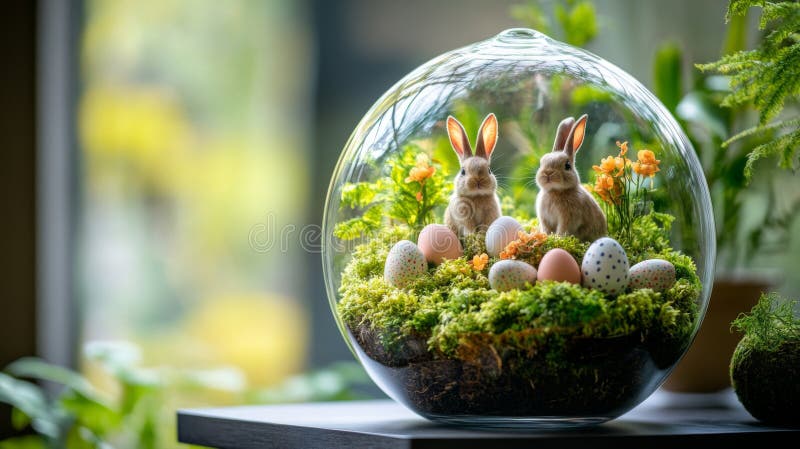 Two Brown Rabbits in a Spring Terrarium with Pastel Eggs Stock ...