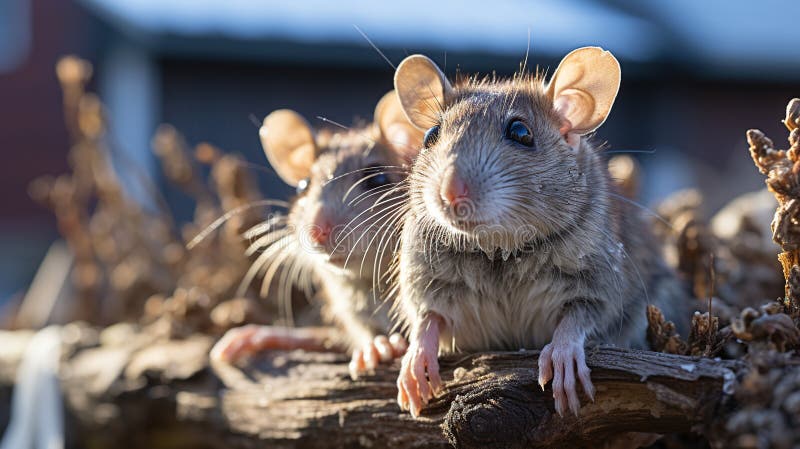 Two Brown Rats with Big Ears and Whiskers Sit on a Branch, Looking ...