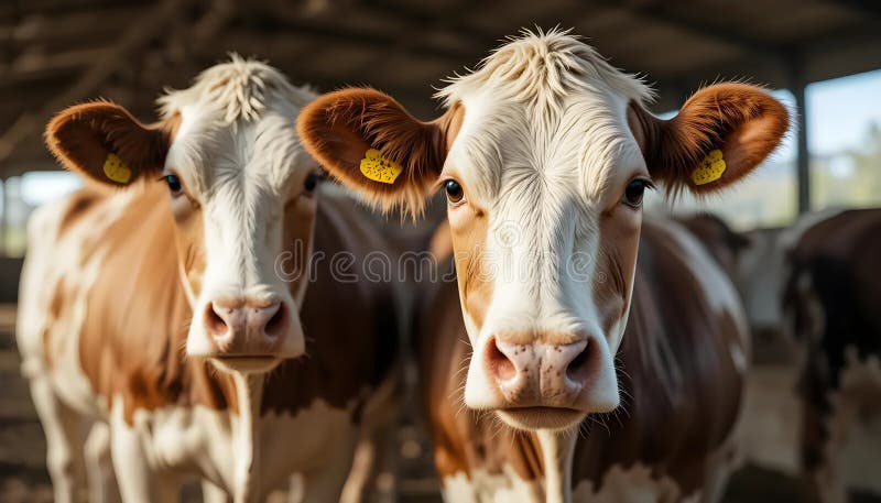 Two Brown and White Cows in a Barn Stock Illustration - Illustration of ...