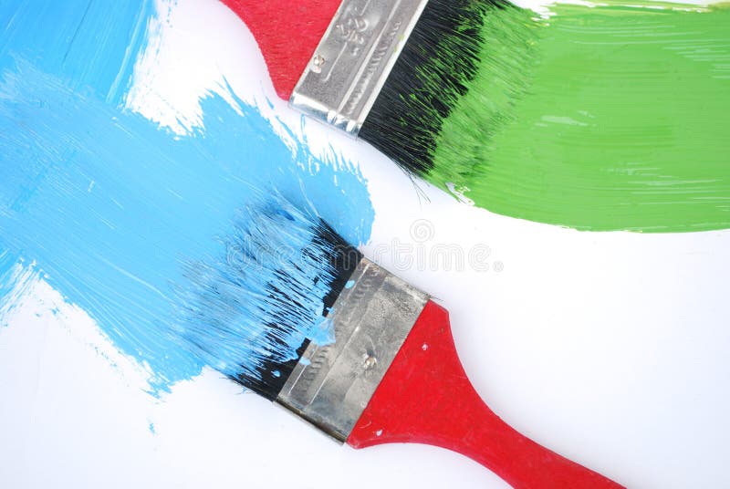 Two Brushes with Green and Blue Paint Stock Photo - Image of dripping ...