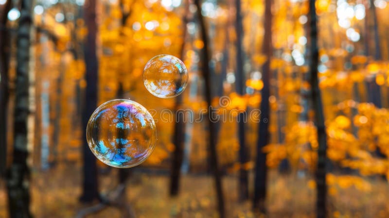 Two Bubbles Floating in a Forest with Trees and Leaves, AI Stock Image ...