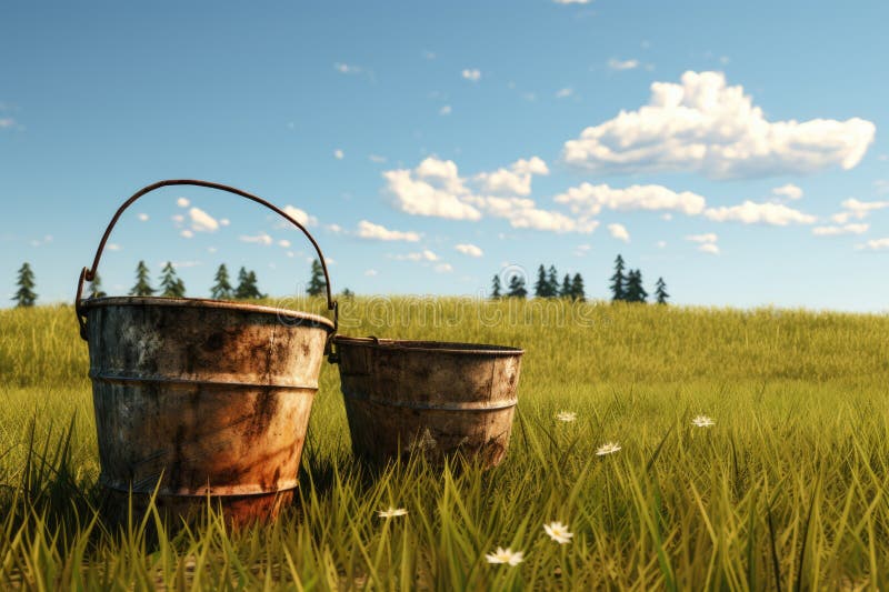 Two Buckets are on the Grass Stock Illustration - Illustration of open ...