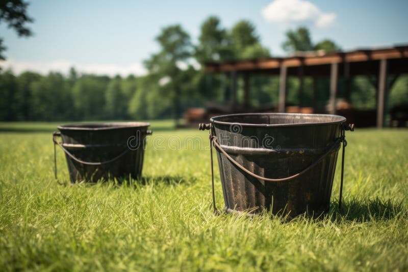 Two Buckets are on the Grass Stock Illustration - Illustration of metal ...