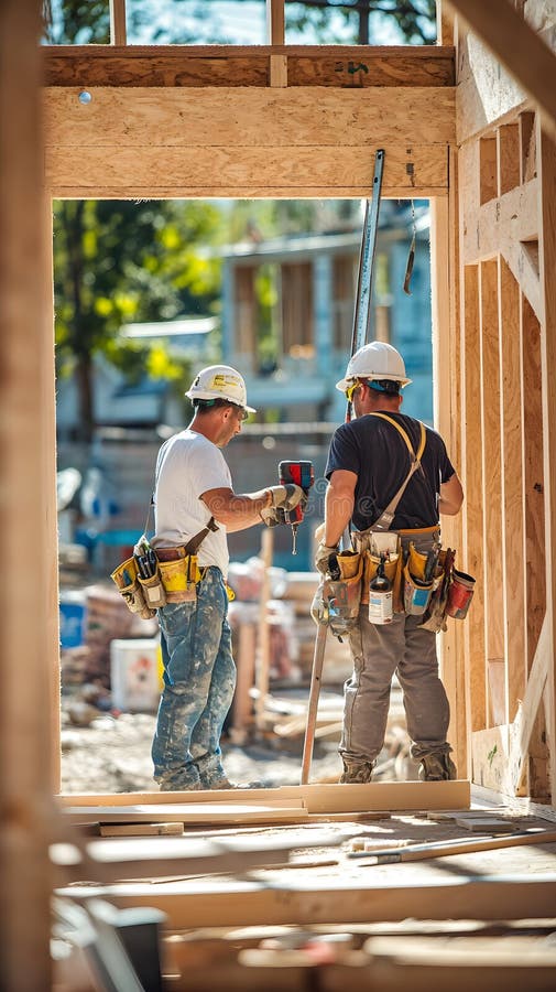 Two Builders Collaborating on a Construction Site, Showcasing Teamwork ...