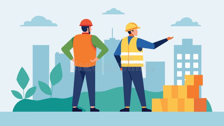 Two Builders Standing at the Edge of a Construction Site Pointing at ...