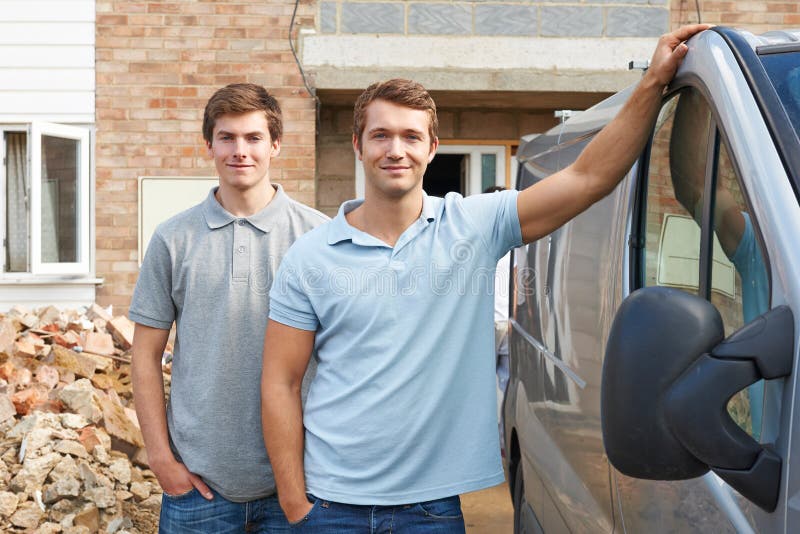 Two Builders Standing Next To Van Stock Photo - Image of smiling ...