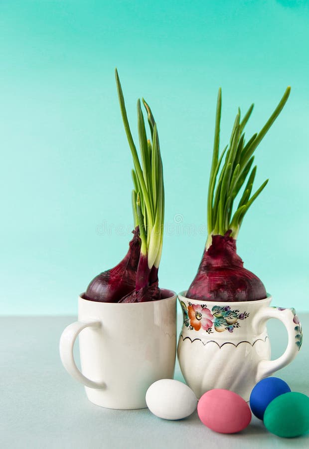 Two Bulbs in Cups and Colored Easter Eggs on a Gray-green Background ...
