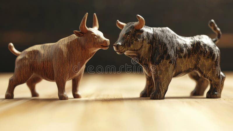 Two Bull Figurines Facing Each Other on Wooden Table Stock Illustration ...