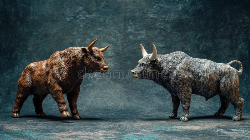 Two Bull Statues Facing Off Against Dark Textured Background Stock ...