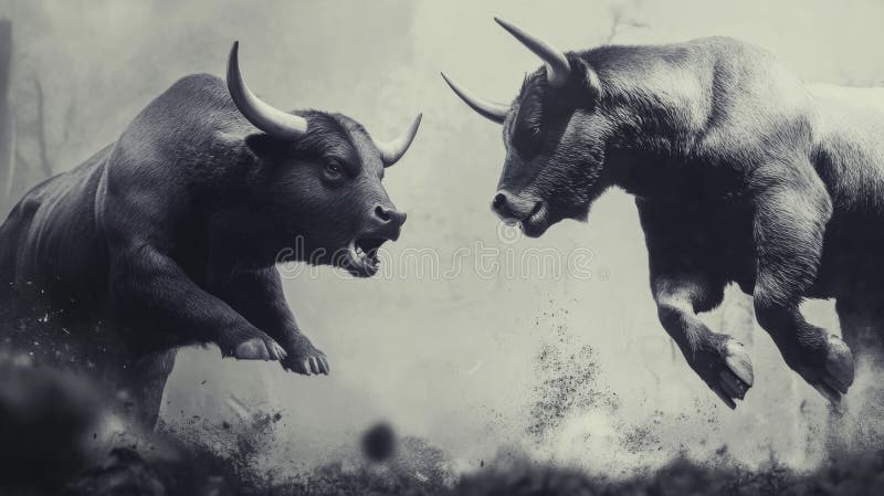 Two Bulls Charging in Dramatic Black and White Stock Illustration ...