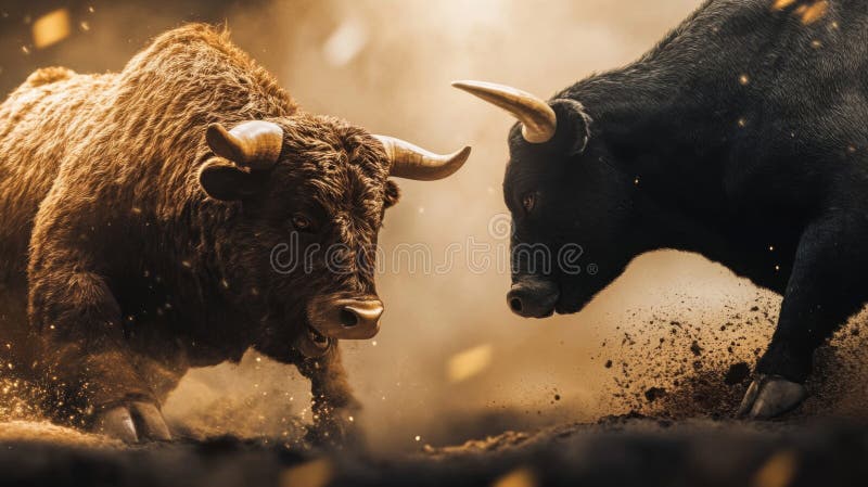 Two Bulls Confronting Each Other in Dramatic Lighting Stock ...