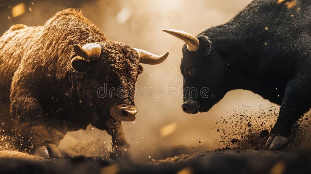 Two Bulls Confronting Each Other in Dramatic Lighting Stock ...