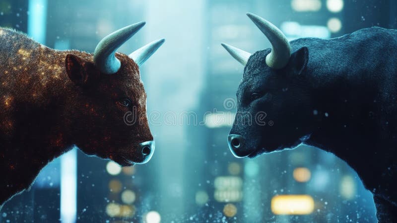 Two Bulls Facing Each Other in a City Stock Illustration - Illustration ...