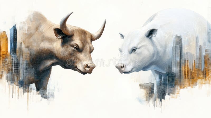 Two Bulls Facing Each Other in a Cityscape Painting, AI Stock Photo ...