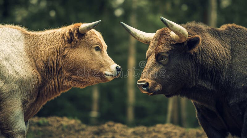 Two Bulls Facing Each Other in a Forest Stock Illustration ...