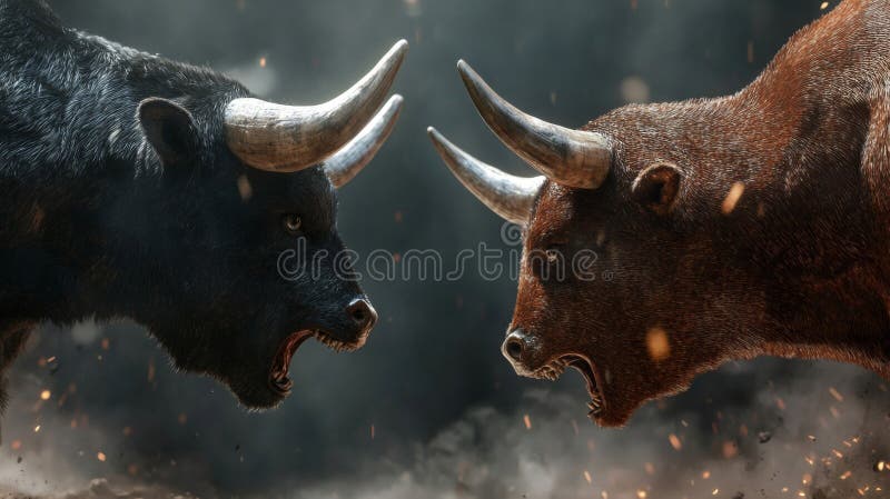 Two Bulls Facing Off in Dramatic Confrontation Stock Illustration ...