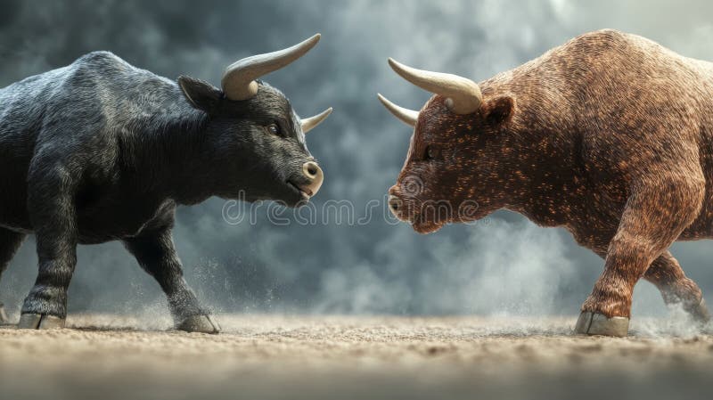 Two Bulls Facing Off in a Dramatic Showdown Stock Illustration ...