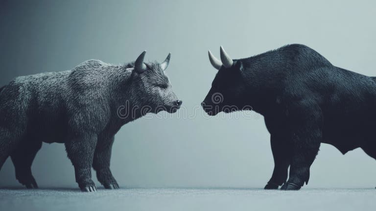 Two Bulls Facing Off: a Gray and Black Bull Confrontation Stock ...