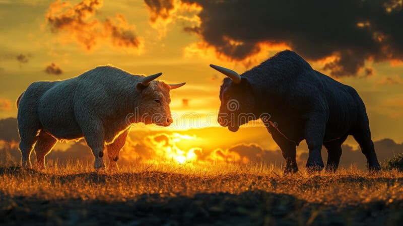 Two Bulls Facing Off at Sunset Stock Illustration - Illustration of ...