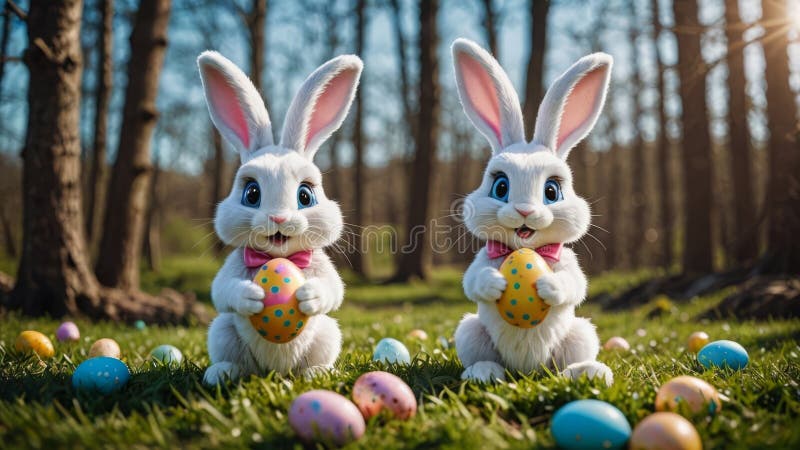 Two Bunnies with Bowties Holding Eggs, Surrounded by Colorful Eggs on ...