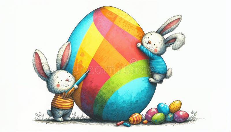 Two Bunnies Decorating a Giant Colorful Easter Egg Stock Illustration ...