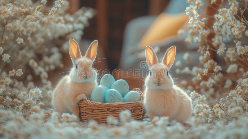 Two Bunnies with Easter Egg Basket Amid Blossoms in Sunlit Garden Stock ...
